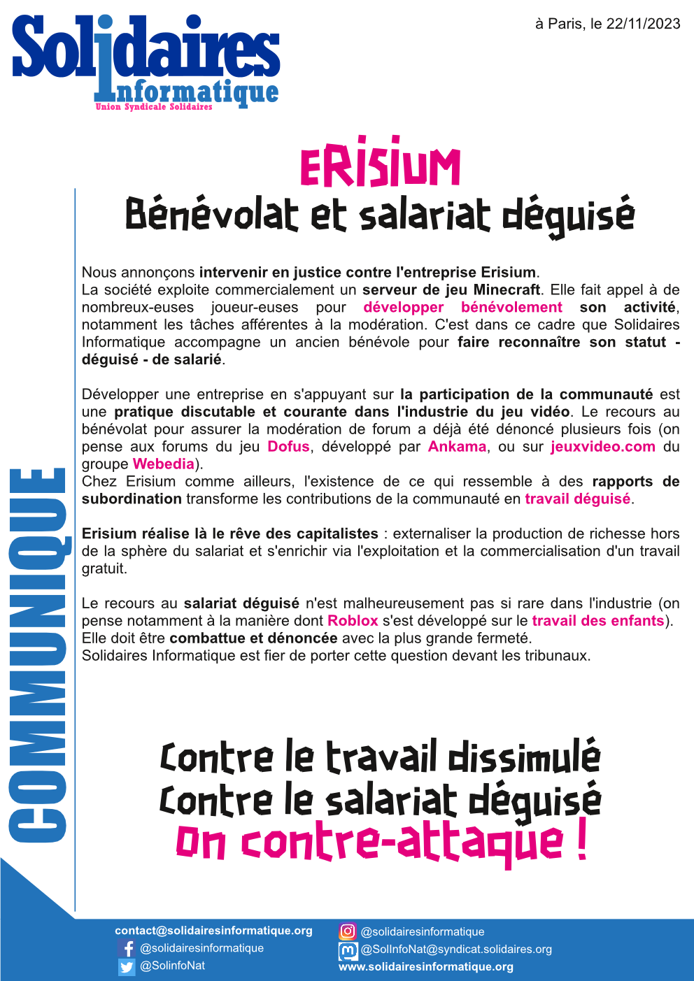 Erisium - bénévolat et salariat déguisé - Solidaires Informatique
